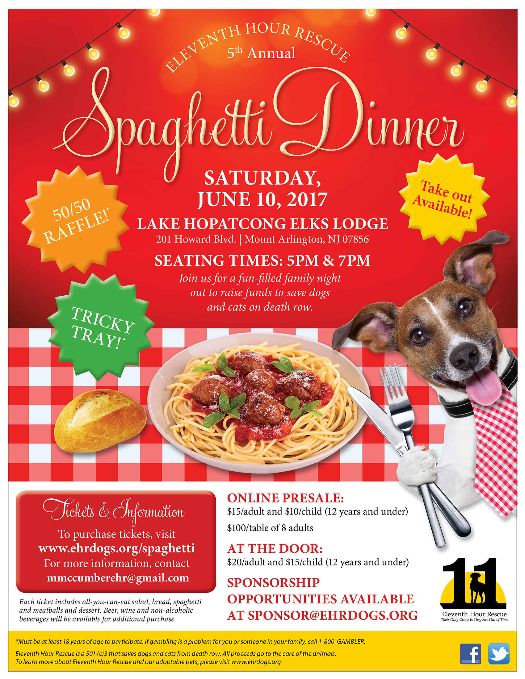 Eleventh Hour Rescue - 2017 EHR Spaghetti Dinner Sponsorship