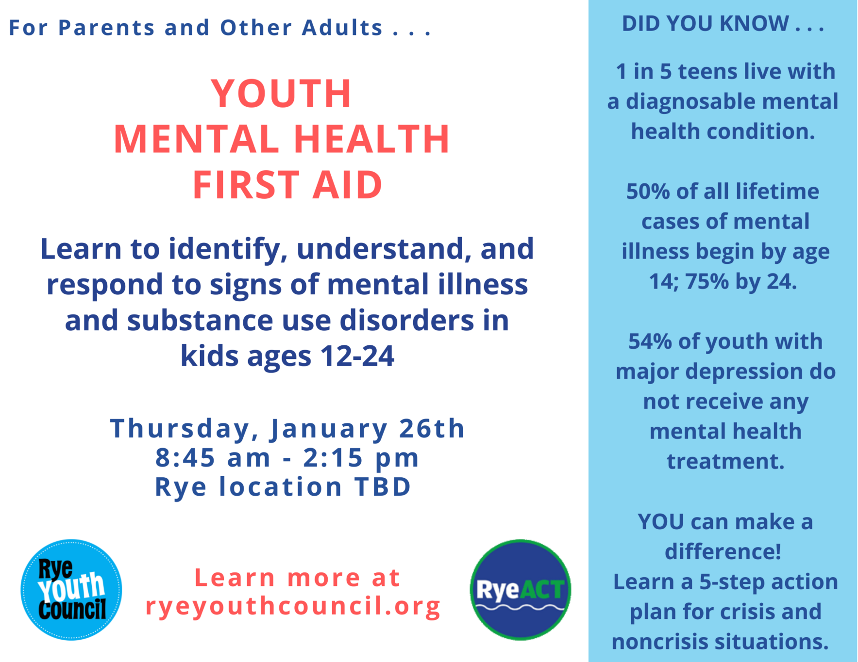 Rye Youth Council Inc - January 26th YMHFA