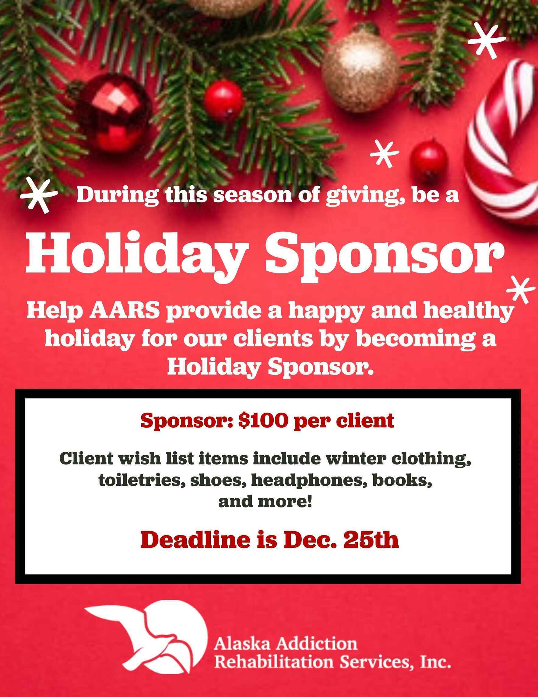 Alaska Addiction Rehabilitation Services - Be a Holiday Sponsor 2024